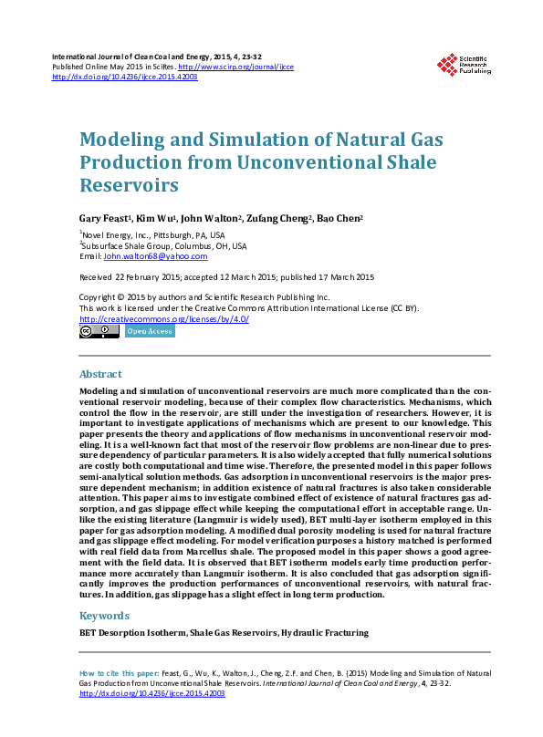 (PDF) Modeling and Simulation of Natural Gas Production from Unconventional Shale Reservoirs
