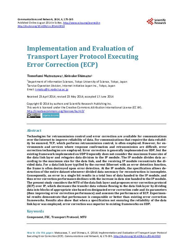 (PDF) Implementation and Evaluation of Transport Layer Protocol Executing Error Correction (ECP)