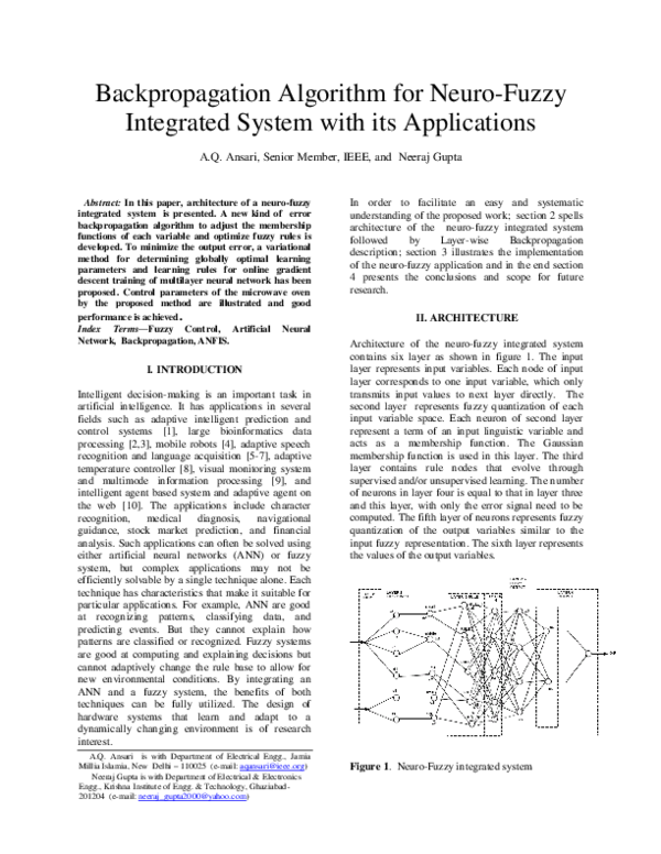 Pdf Backpropagation Algorithm For Neuro Fuzzy Integrated System With Its Applications