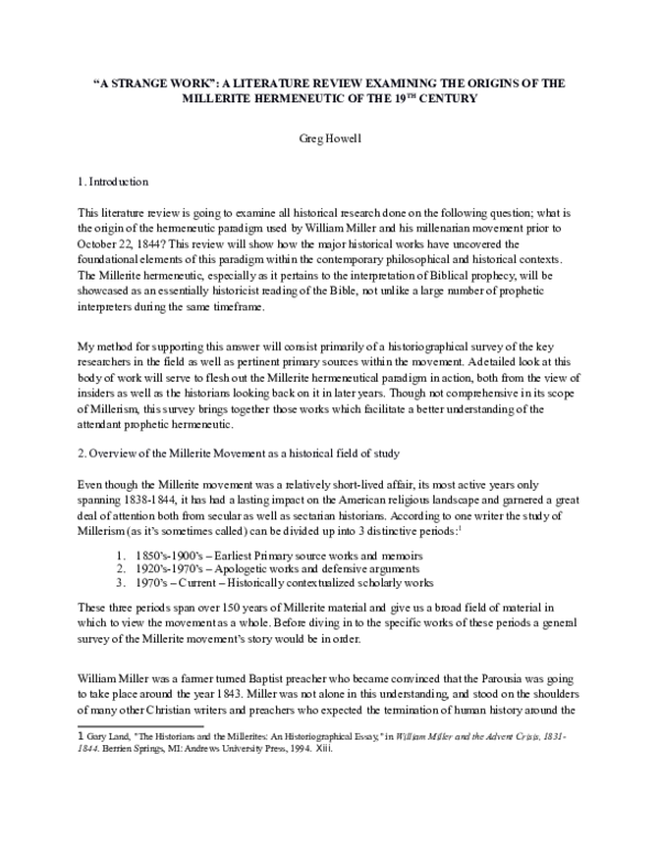 (DOC) Literature Review - Identifying Sources of the Millerite Hermeneutic