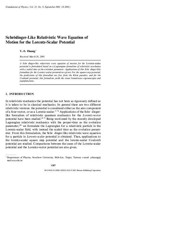 (PDF) Schro¨dinger-Like Relativistic Wave Equation of Motion for the ...