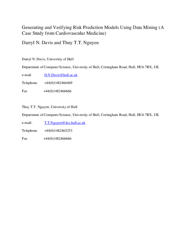 Pdf Generating And Verifying Risk Prediction Models Using Data Mining 6948