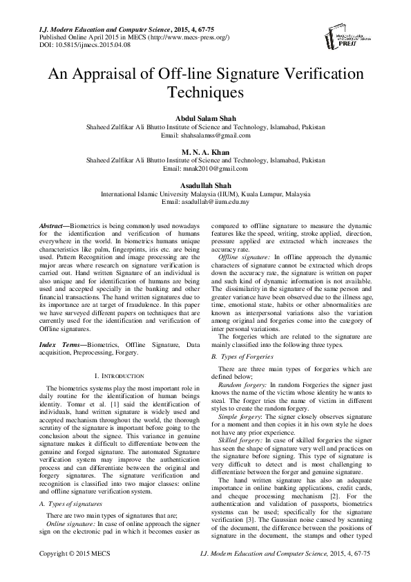 (PDF) An Appraisal of Off-line Signature Verification Techniques