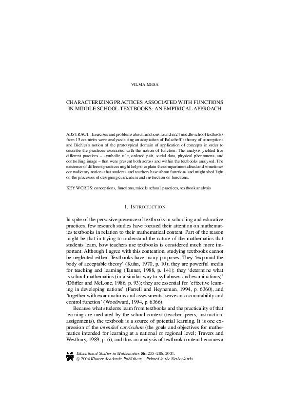 (PDF) VILMA MESA CHARACTERIZING PRACTICES ASSOCIATED WITH FUNCTIONS IN MIDDLE SCHOOL TEXTBOOKS ...