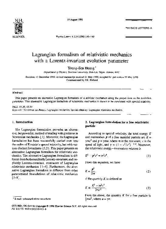 (PDF) Lagrangian formalism of relativistic mechanics with a Lorentz-invariant evolution parameter