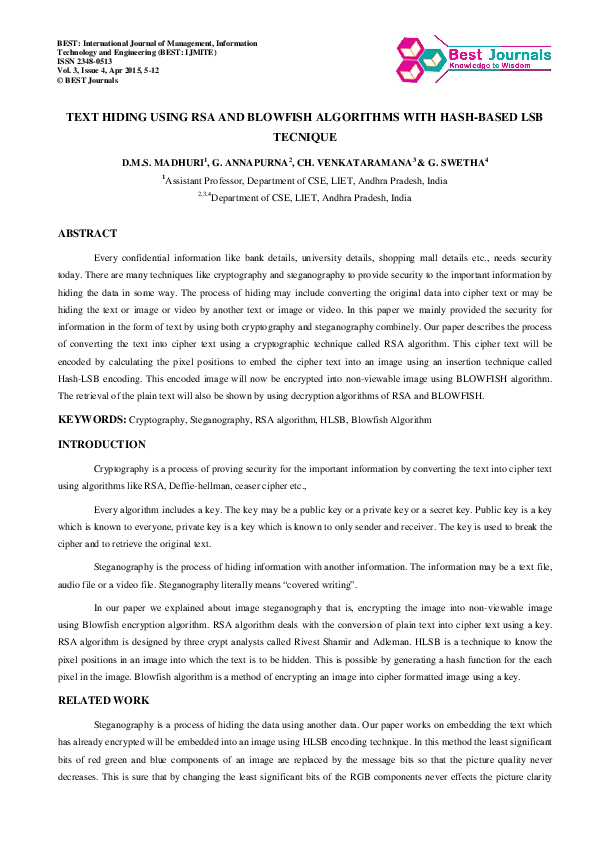 (PDF) TEXT HIDING USING RSA AND BLOWFISH ALGORITHMS WITH HASH-BASED LSB TECNIQUE