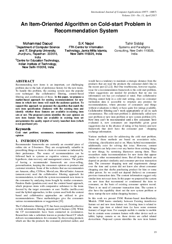 (PDF) An Item-Oriented Algorithm on Cold-start Problem in ...