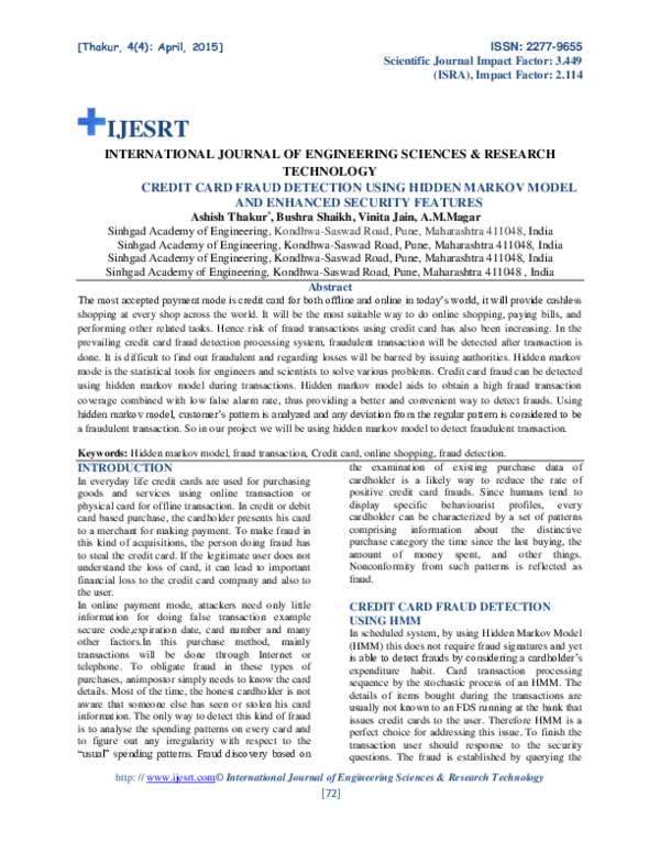 Pdf Credit Card Fraud Detection Using Hidden Markov Model And Enhanced Security Features