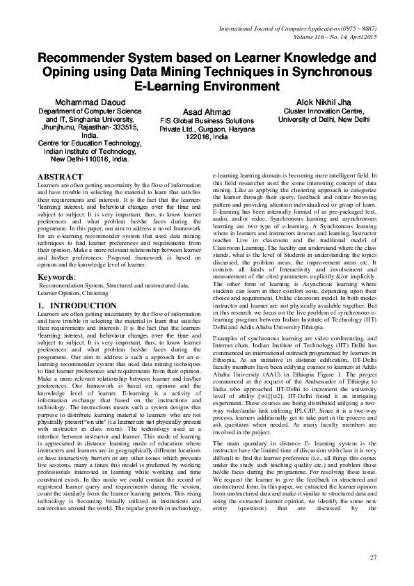 Pdf Recommender System Based On Learner Knowledge And Opining Using Data Mining Techniques In