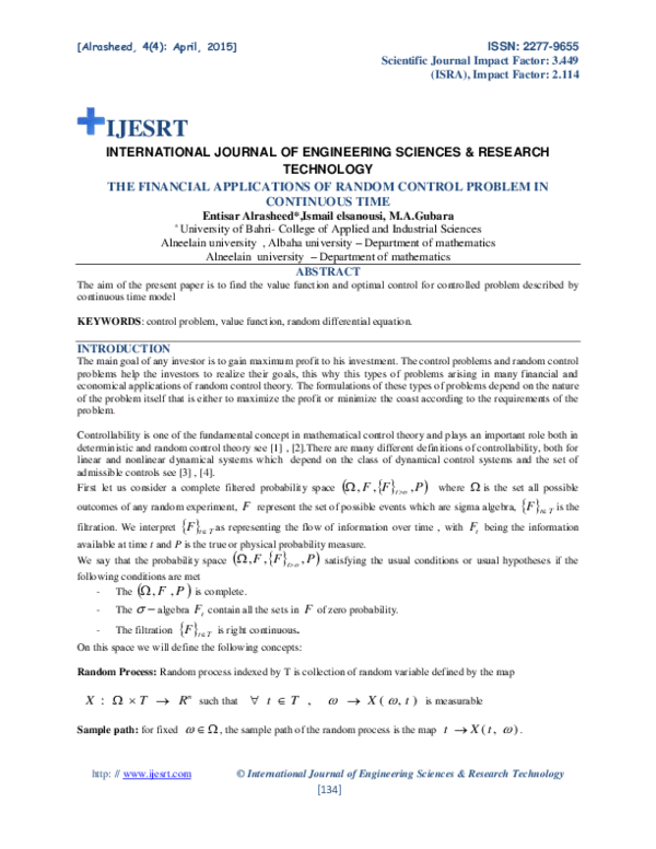 (PDF) THE FINANCIAL APPLICATIONS OF RANDOM CONTROL PROBLEM IN ...
