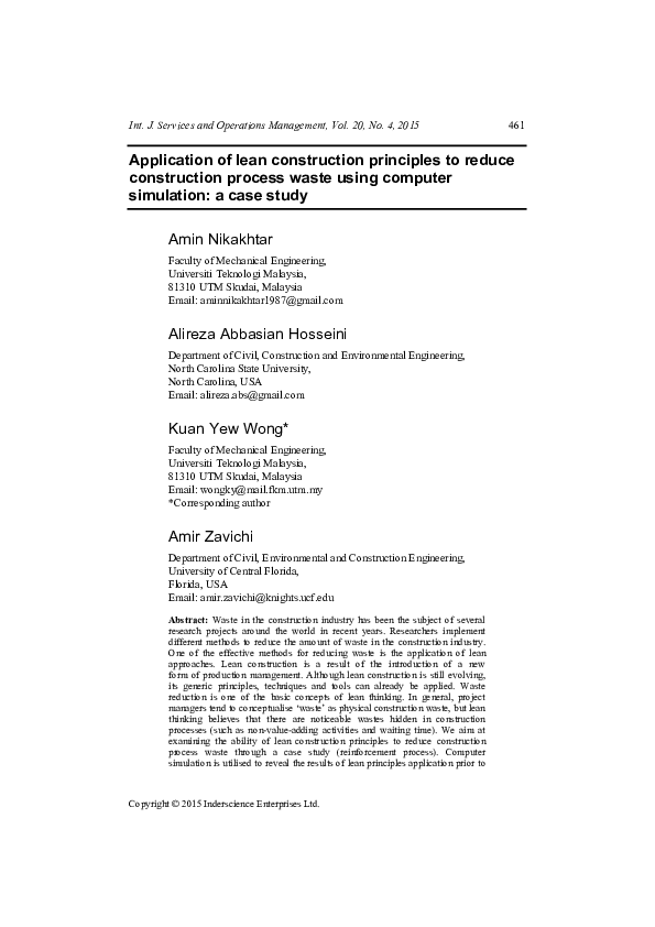 (PDF) Application of lean construction principles to reduce construction process waste using ...