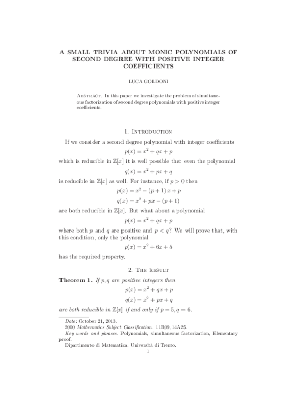 A small trivia about monic polynomials of second degree with positive ...