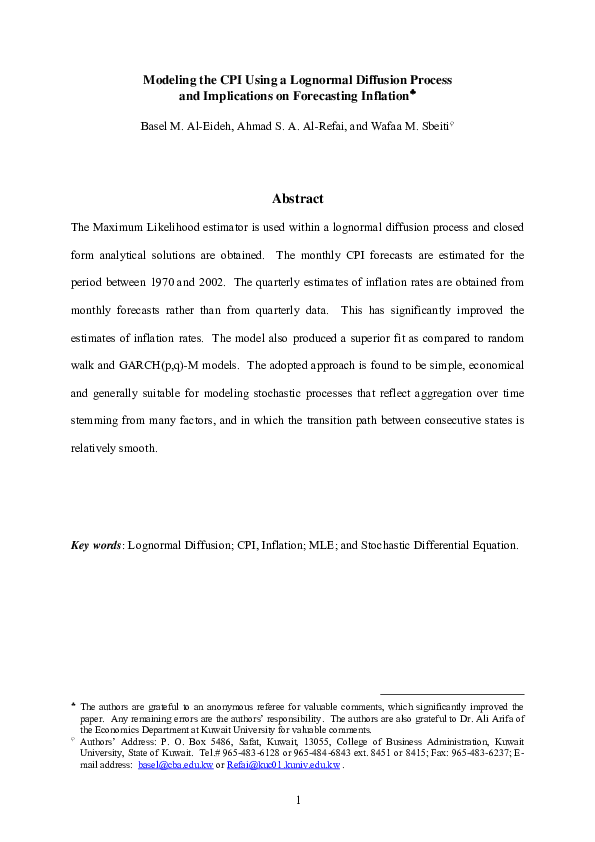 Modeling The Cpi Using A Lognormal Diffusion Process And Implications On Forecasting Inflation