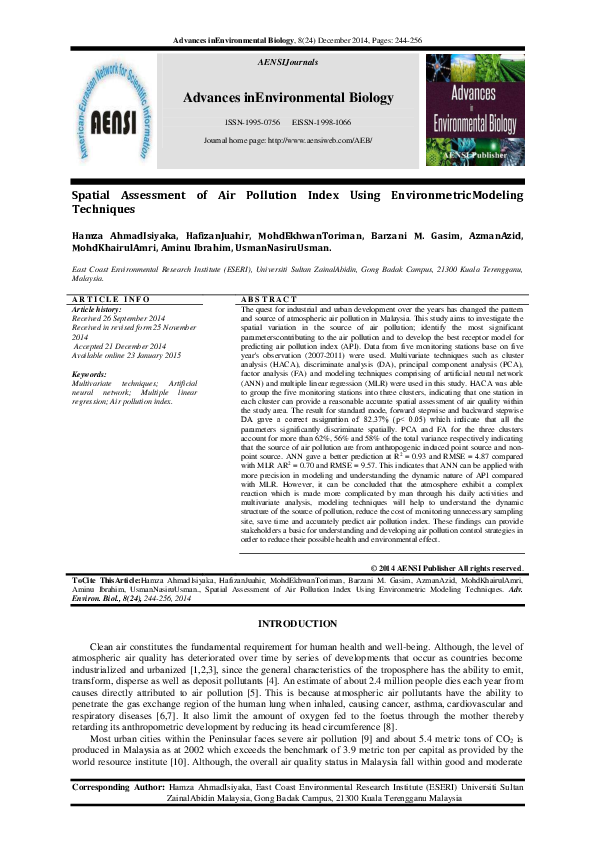 Pdf Spatial Assessment Of Air Pollution Index Using Environmetric Modeling Techniques