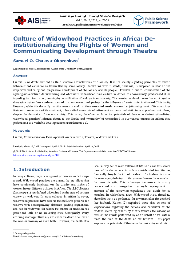 (PDF) Culture of Widowhood Practices in Africa: Deinstitutionalizing ...