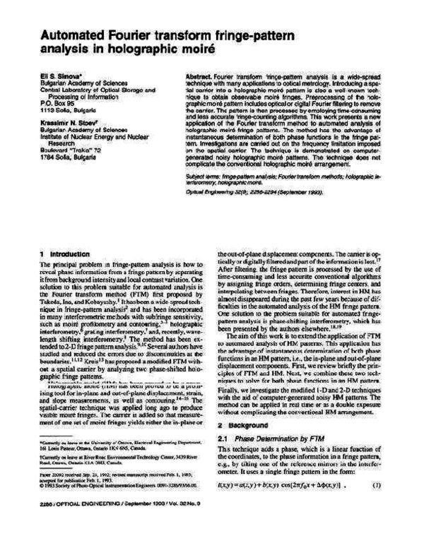 Pdf Automated Fourier Transform Fringe Pattern Analysis In