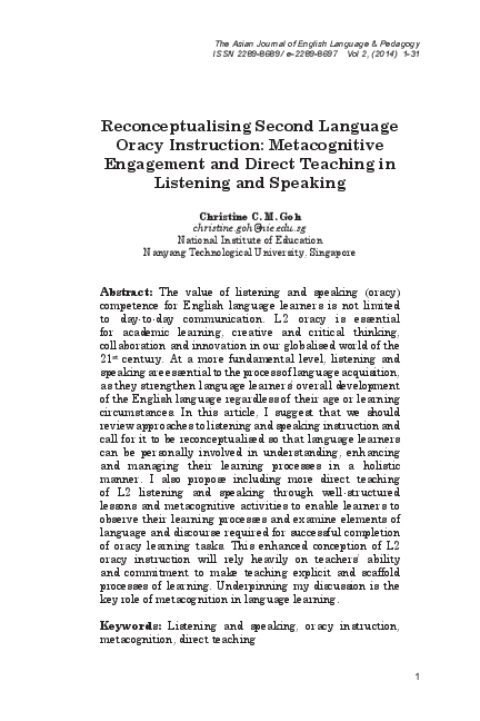 (PDF) Reconceptualising second language oracy instruction:Metacognitive ...