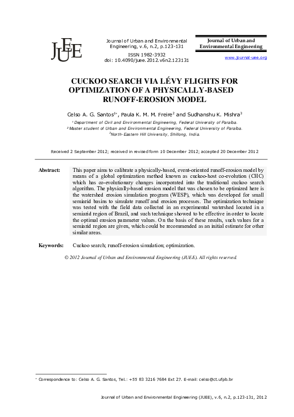 (PDF) CUCKOO SEARCH VIA LÉVY FLIGHTS FOR OPTIMIZATION OF A PHYSICALLY-BASED RUNOFF-EROSION MODEL