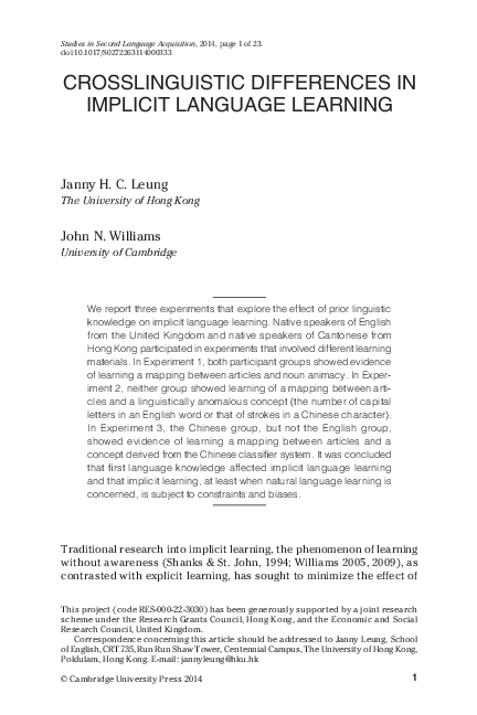 (PDF) Cross-Linguistic Differences in Implicit Language Learning.
