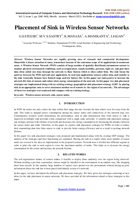(PDF) Placement of Sink in Wireless Sensor Networks