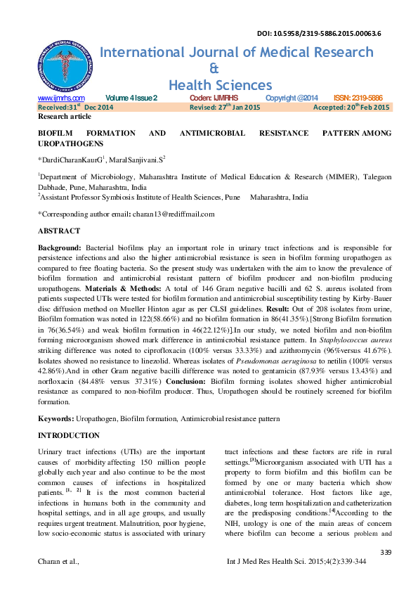 (PDF) BIOFILM FORMATION AND ANTIMICROBIAL RESISTANCE PATTERN AMONG UROPATHOGENS