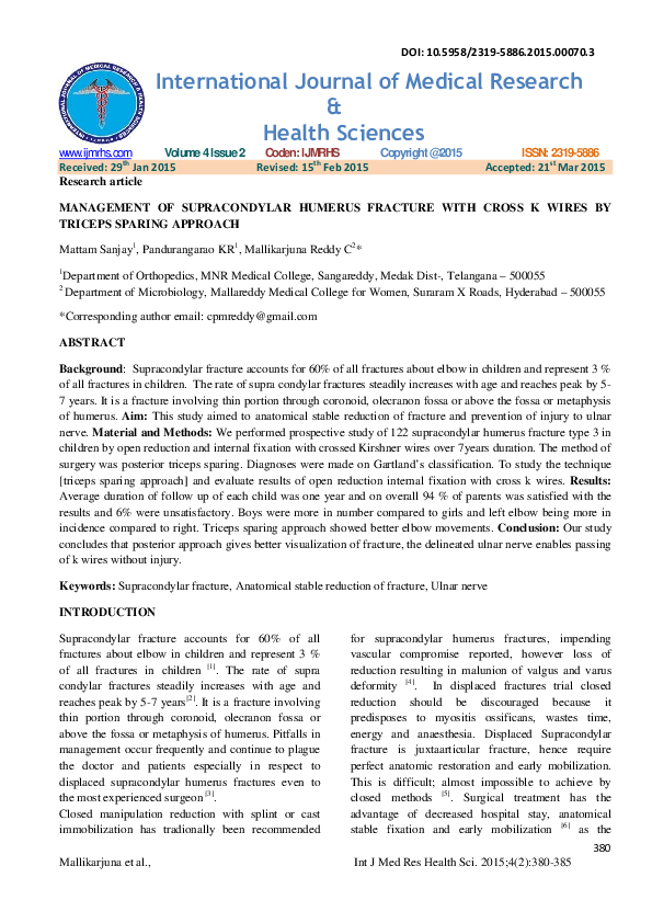 (PDF) MANAGEMENT OF SUPRACONDYLAR HUMERUS FRACTURE WITH CROSS K WIRES ...