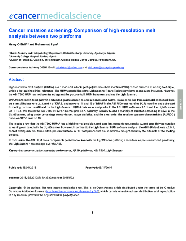 (PDF) Cancer mutation screening : comparison of high resolution melt ...