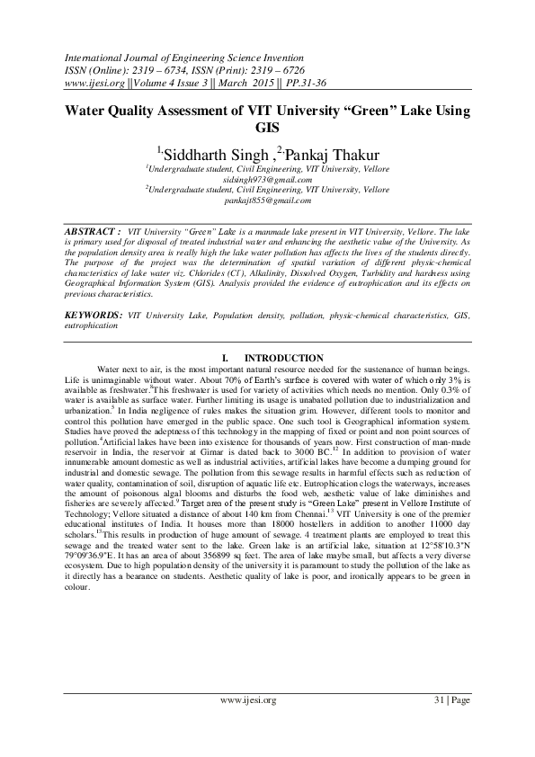 (PDF) Water Quality Assessment of VIT University “Green” Lake Using GIS