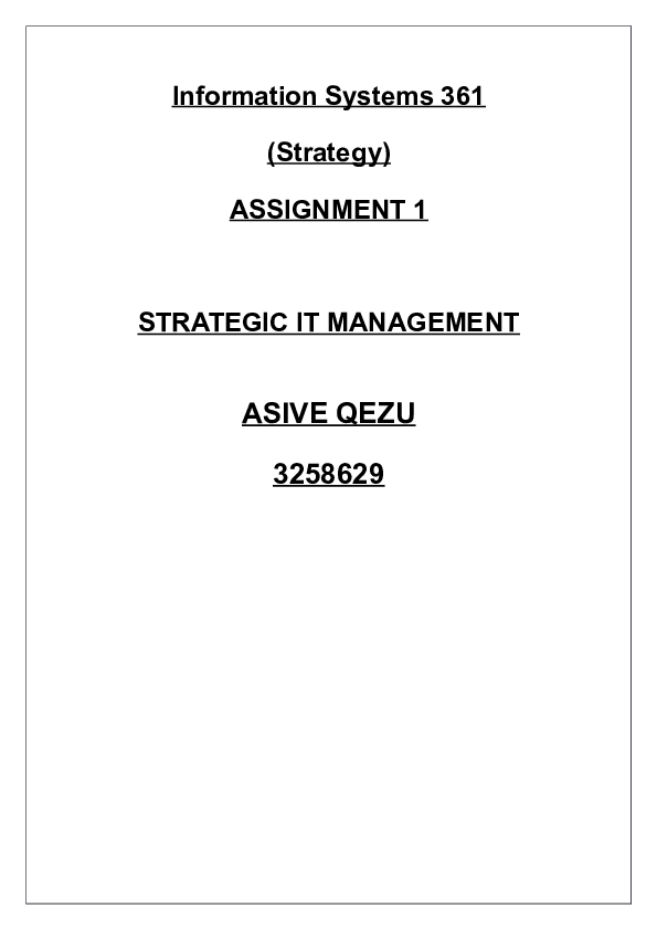 (DOC) Information Systems 361 (Strategy) ASSIGNMENT 1 STRATEGIC IT ...
