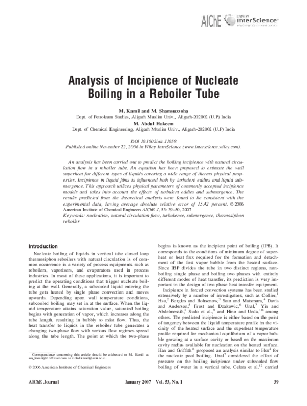 (PDF) Analysis of Incipience of Nucleate Boiling in a Reboiler Tube