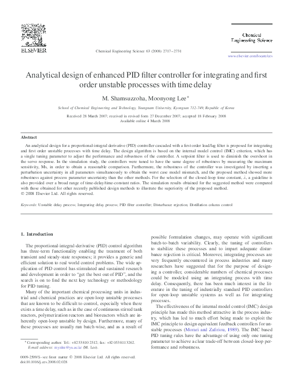 Pdf Analytical Design Of Enhanced Pid Filter Controller For Integrating And First Order 