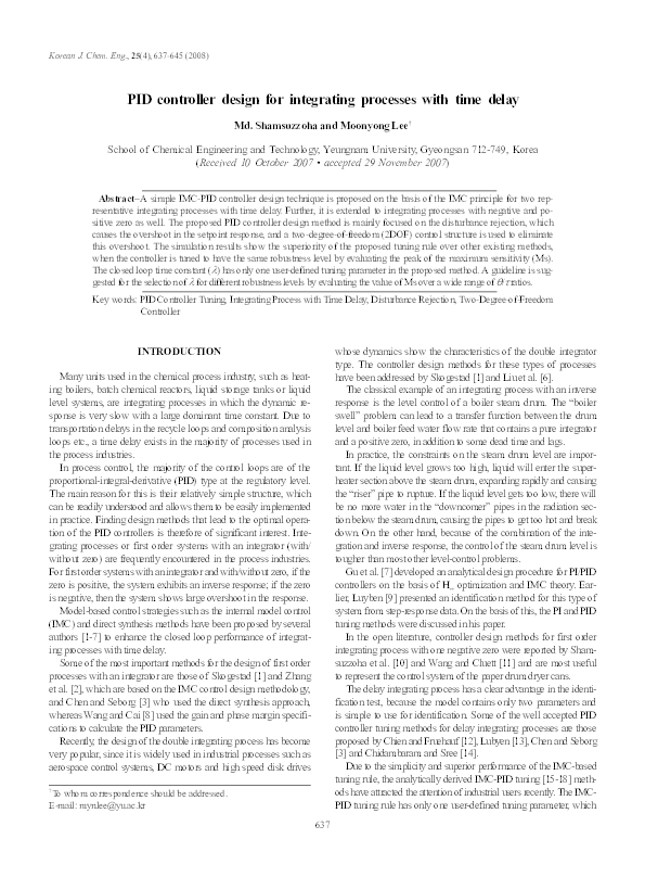 Pdf Pid Controller Design For Integrating Processes With Time Delay