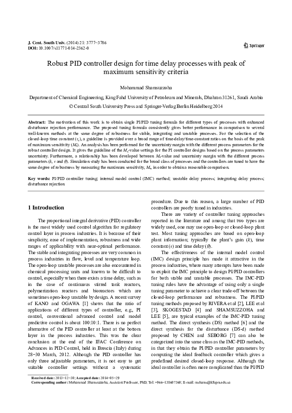 Pdf Robust Pid Controller Design For Time Delay Processes With Peak