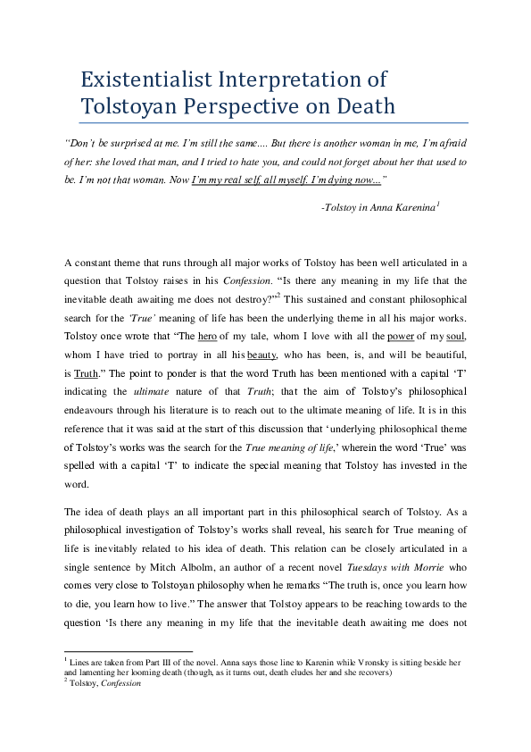 (PDF) Existentialist Interpretation of Tolstoyan Perspective on Death