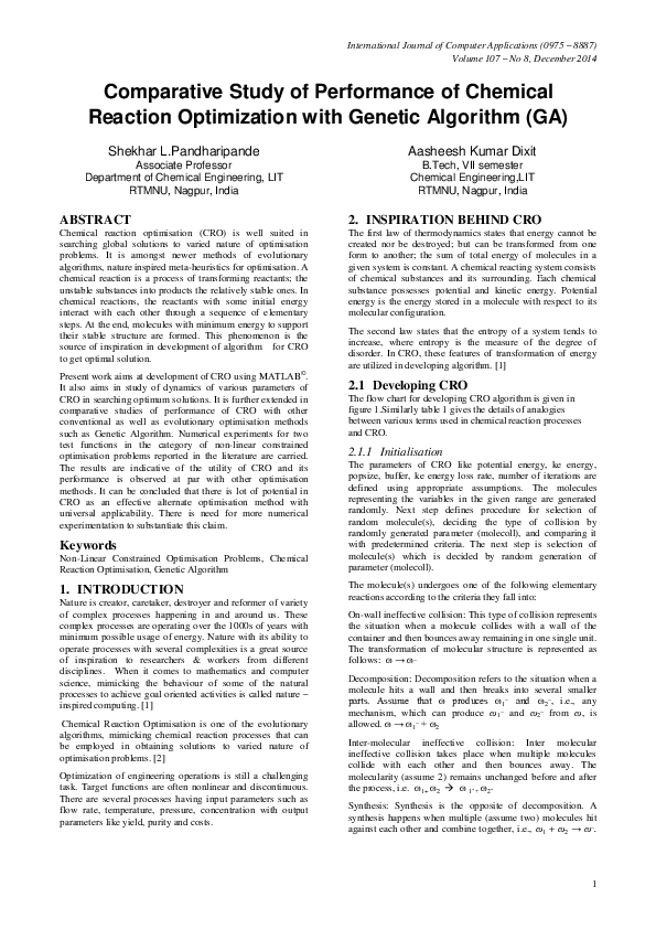(PDF) Comparative Study of Performance of Chemical Reaction Optimization with Genetic Algorithm (GA