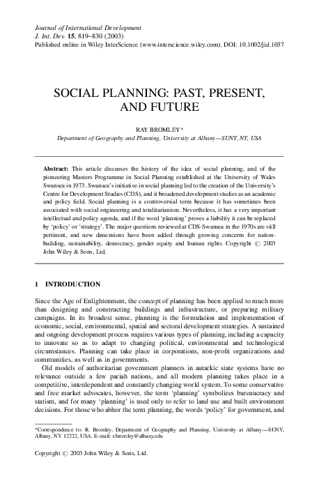 (PDF) SOCIAL PLANNING: PAST, PRESENT, AND FUTURE