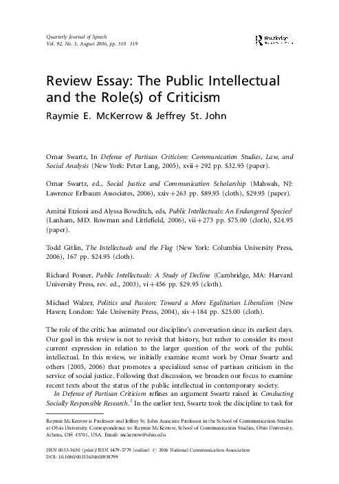 (PDF) Review Essay: The Public Intellectual and the Role(s) of Criticism