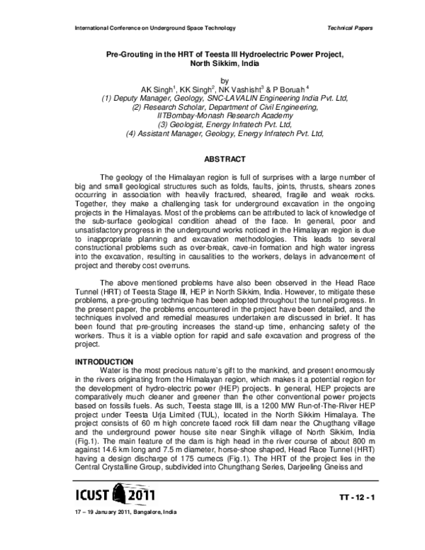 (PDF) Pre-Grouting in the HRT of Teesta III Hydroelectric Power Project, North Sikkim, India