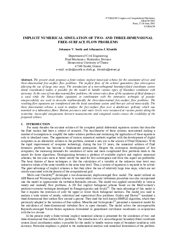 Pdf Implicit Numerical Simulation Of Two And Three Dimensional Free Surface Flow Problems