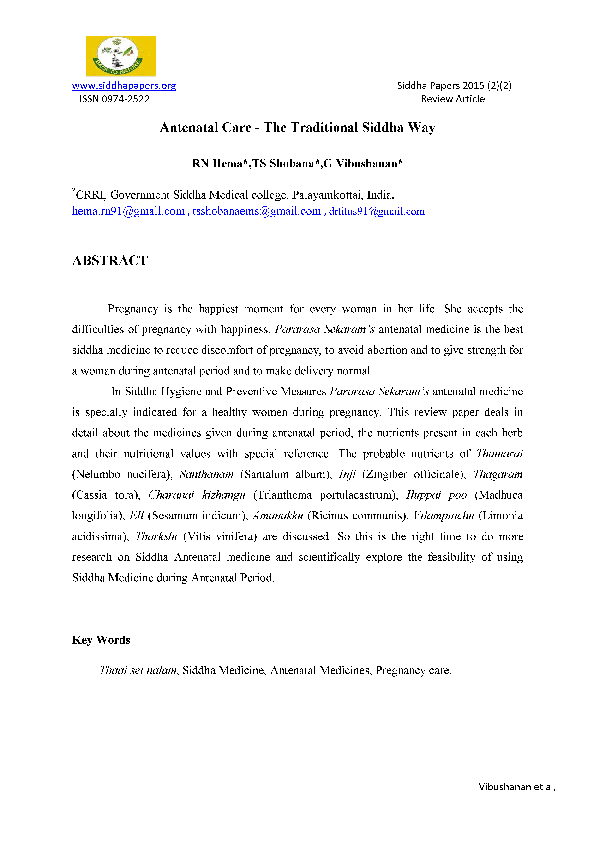 (PDF) Antenatal Care - The Traditional Siddha Way