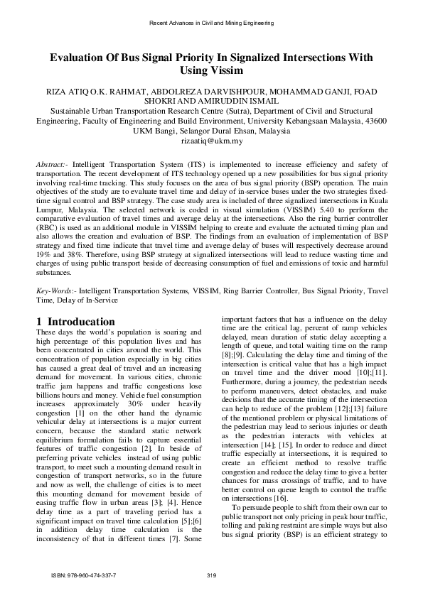Pdf Evaluation Of Bus Signal Priority In Signalized Intersections With Using Vissim