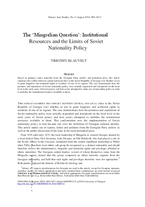 (PDF) The "Mingrelian Question": Institutional Resources and the Limits ...