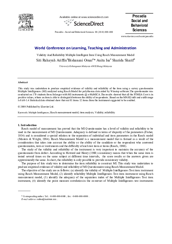 (PDF) Validity And Reliability Multiple Intelligent Item Using Rasch Measurement Model