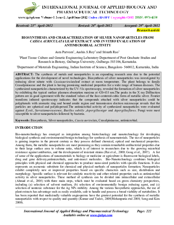 (PDF) BIOSYNTHESIS AND CHARACTERIZATION OF SILVER NANOPARTICLES FROM CASSIA AURICULATA LEAF ...