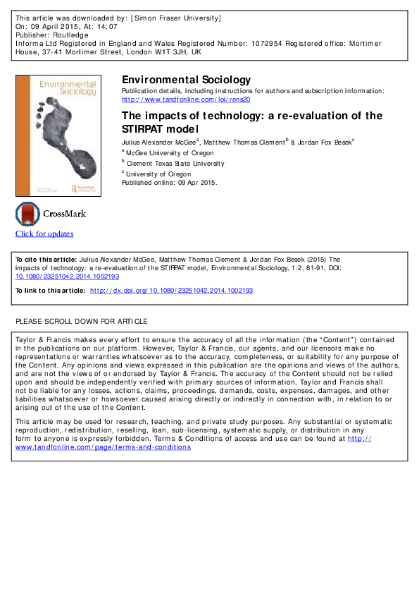 (PDF) The impacts of technology: a re-evaluation of the STIRPAT model
