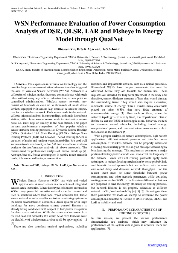 Pdf Wsn Performance Evaluation Of Power Consumption Analysis Of Dsr