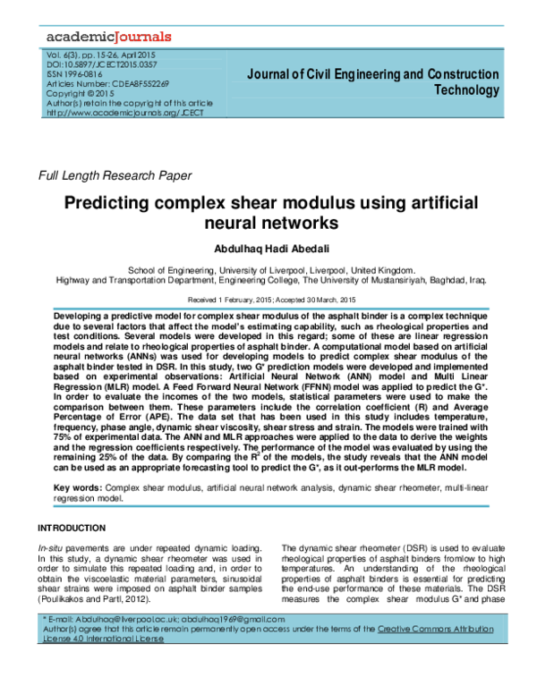 Pdf Predicting Complex Shear Modulus Using Artificial Neural Networks