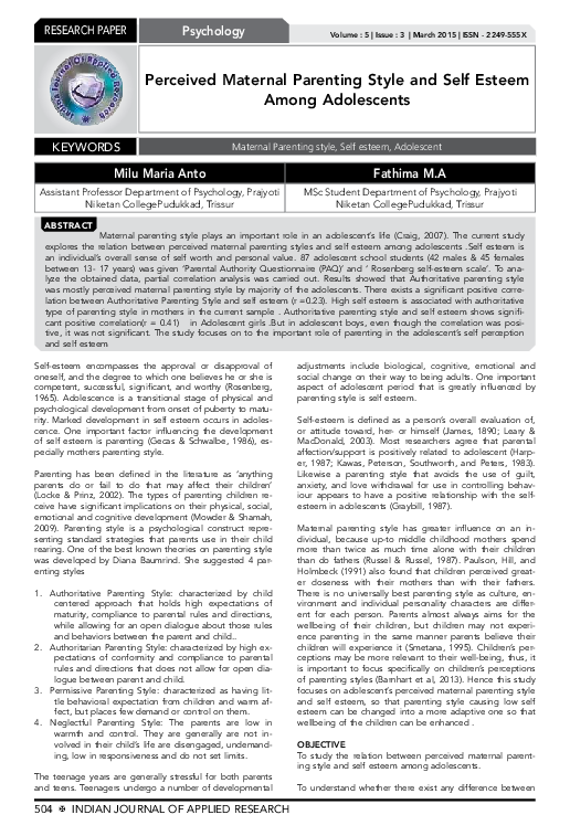 (PDF) Perceived Maternal Parenting Style and Self Esteem Among Adolescents