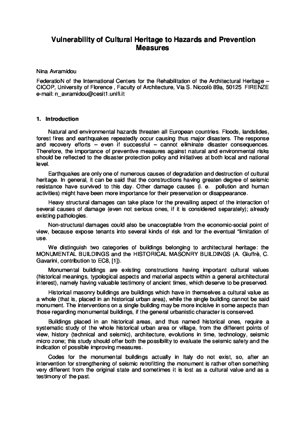 (PDF) Vulnerability of Cultural Heritage to Hazards and Prevention Measures