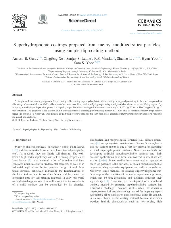 (PDF) Superhydrophobic coatings prepared from methyl-modified silica particles using simple dip ...